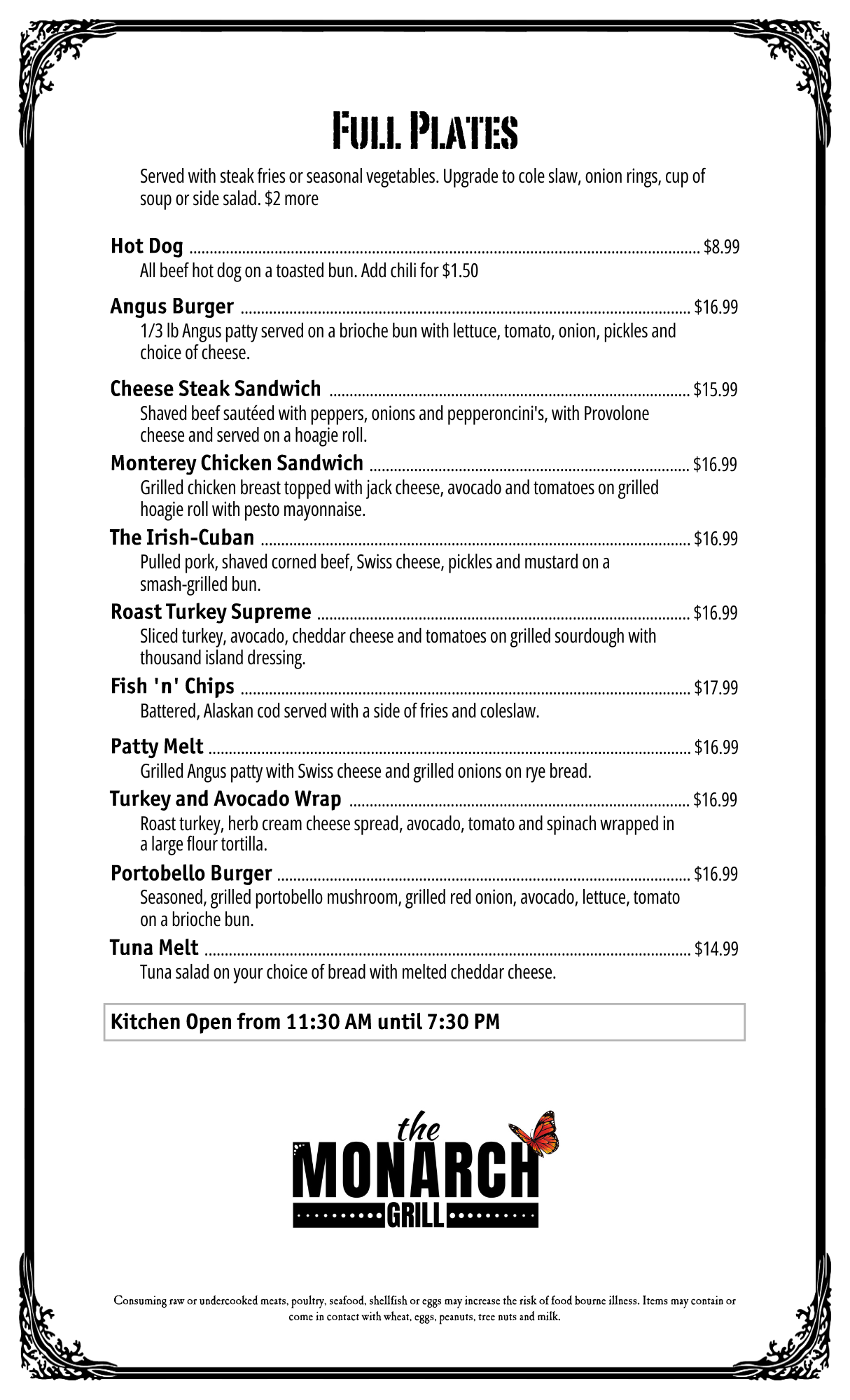 Monarch Grill Menu
